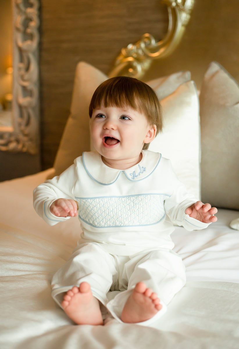 Boys Hand Smocked Cotton Personalised Pyjamas - White & Blue – The ...